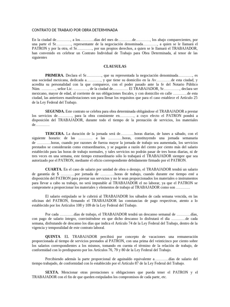 Contrato de Trabajo Por Obra Determinada | PDF | Salario | Tiempo de trabajo