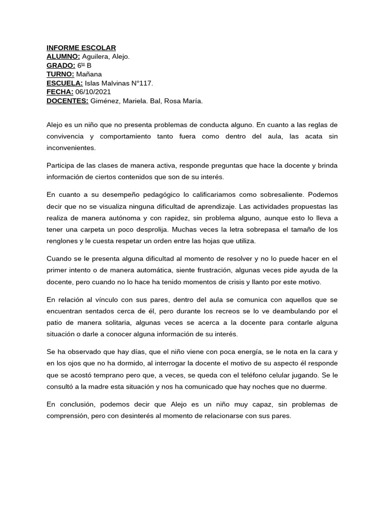 Informe Escolar Alejo | PDF