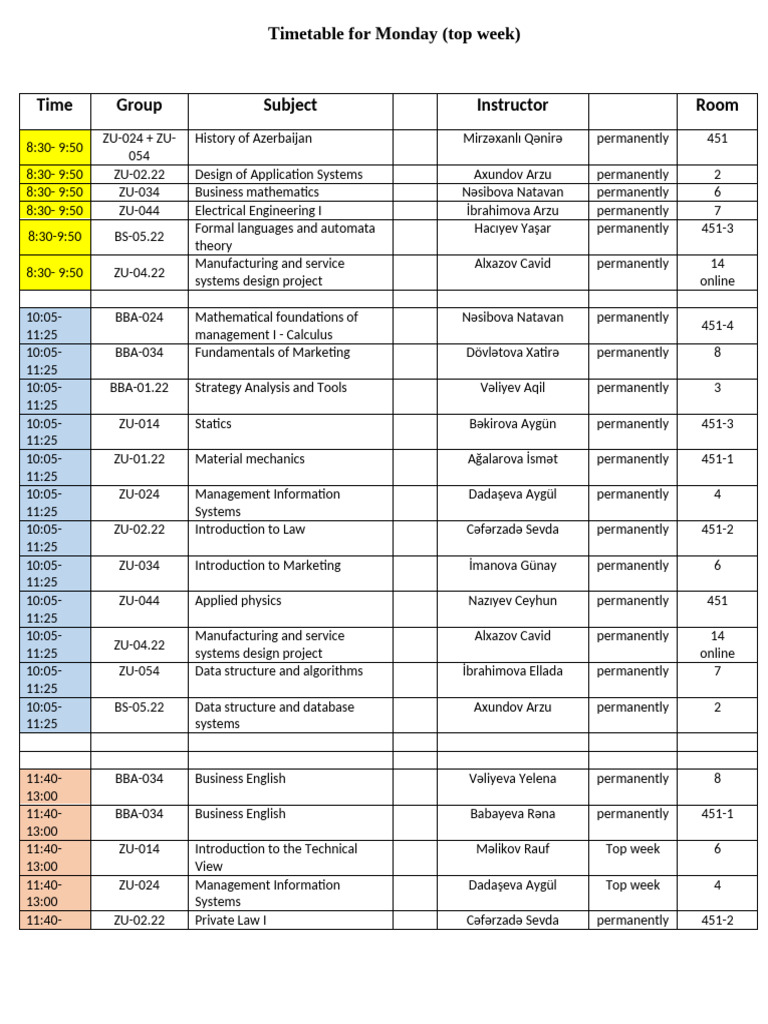 Timetable For Top Week (Fall 2024) | PDF | Engineering | Mathematics