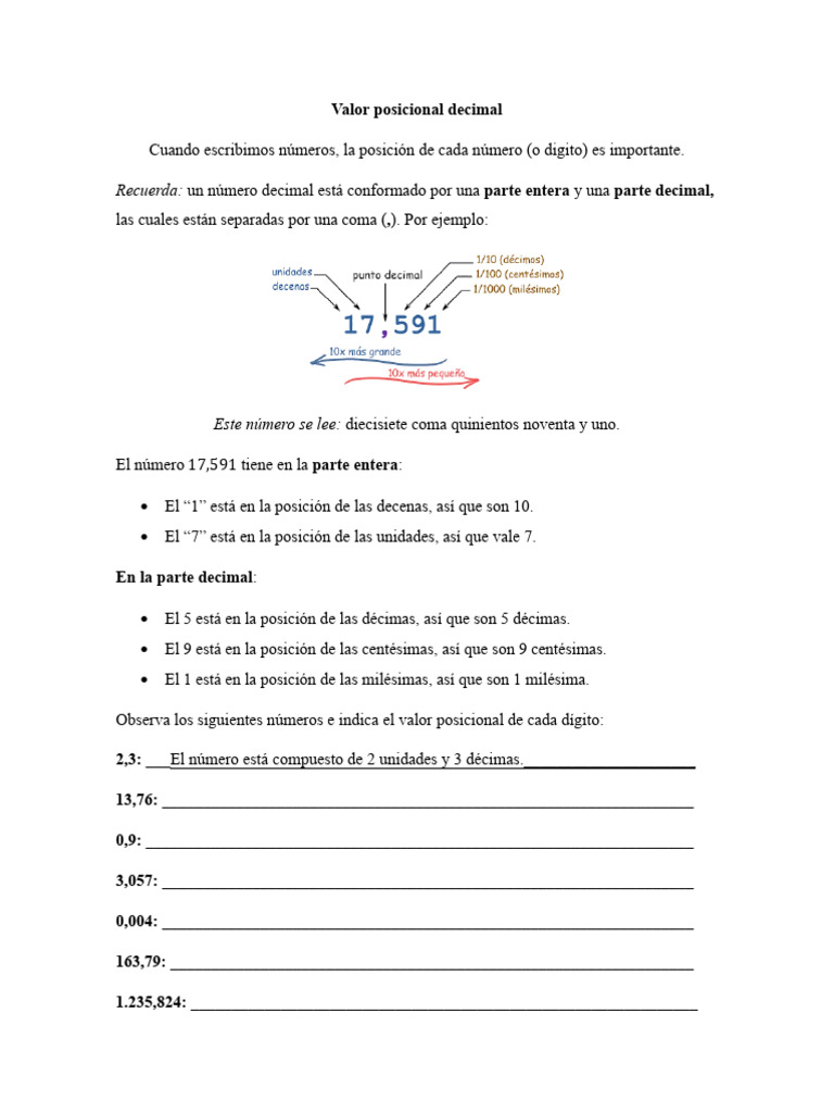 Valor Posicional en Números Decimales | PDF | Artes del Lenguaje y ...