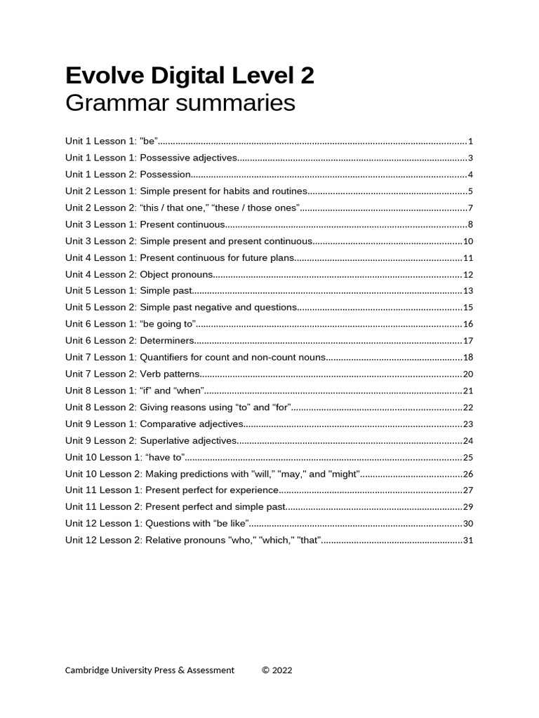 Evolve Digital Level 2 Grammar Summaries | PDF | Noun | Verb