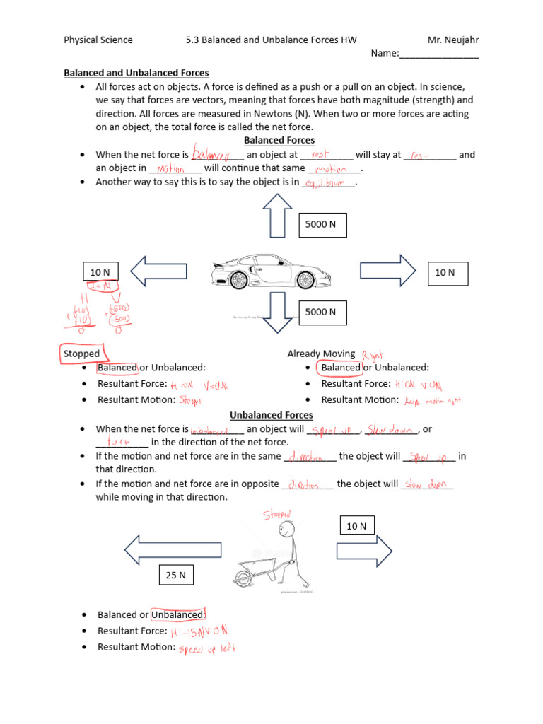 Edited - 5.3 Balanced and Unbalanced Forces HW | PDF | Force | Physics