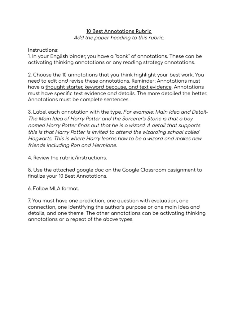 High School Annotation Rubric Guide | PDF | Annotation | Harry Potter