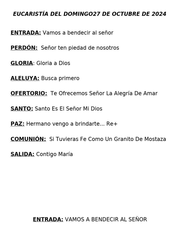 EUCARISTIA DEL DOMINGO 27 DE OCTUBRE DE 2024 PARROQUIA CRISTO REDENTOR | PDF | eucaristía ...