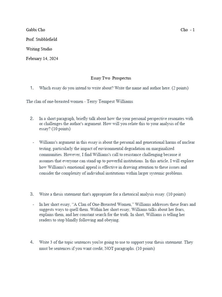Essay Two Prospectus Fall 2024 - Gabbi Cho | PDF