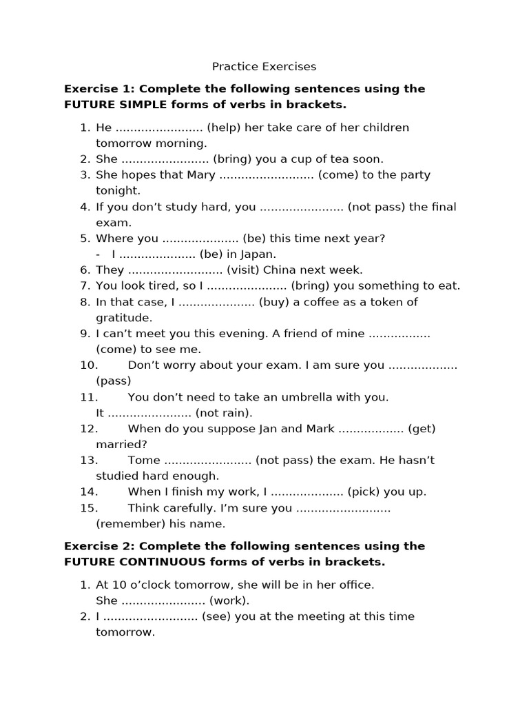 Practice Exercises (Future Tense) | PDF | Language Arts & Discipline