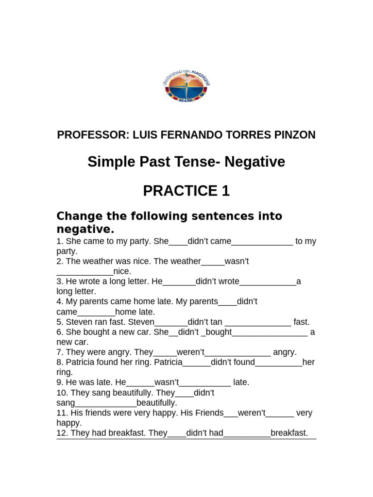 Simple Past Tense in Negative - PRACTICE | PDF