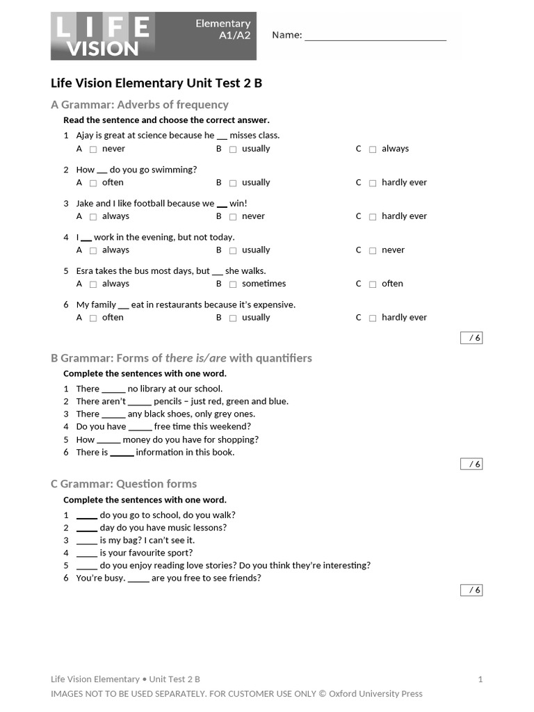 Life Vision Elementary Unit Test 2 B | PDF | Drink | Cuisine