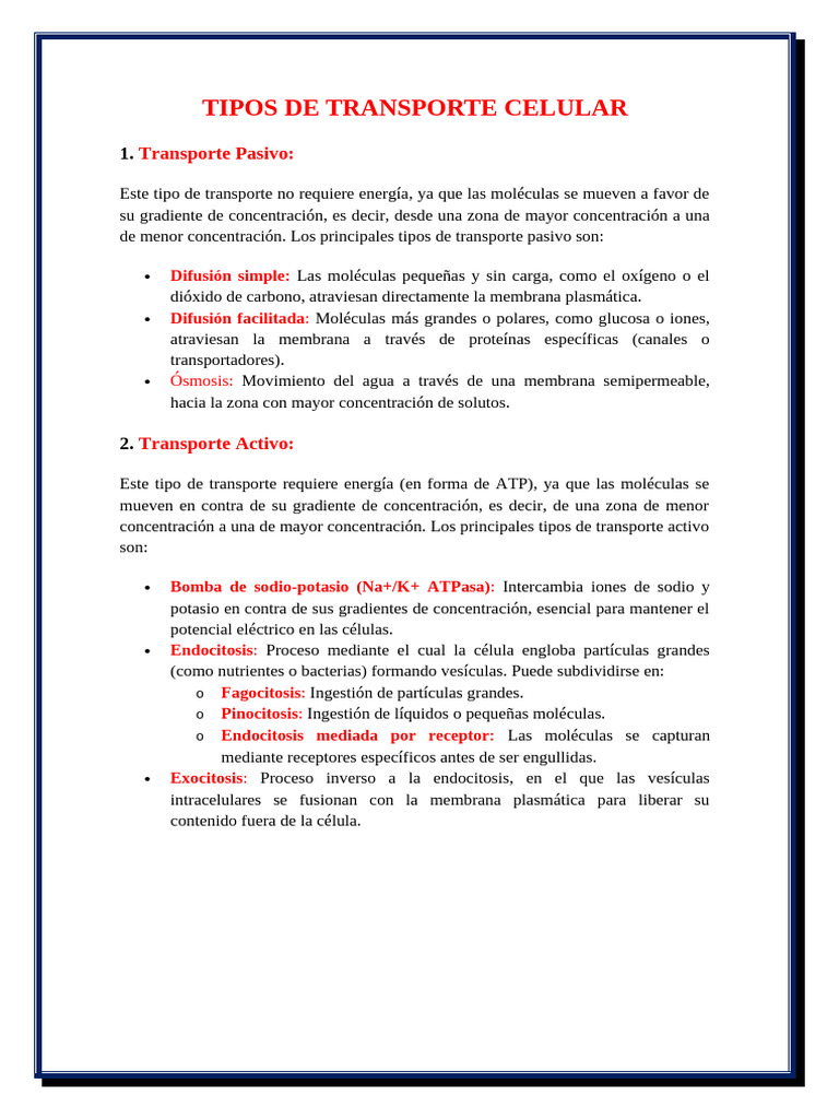 Tipos de Transporte Celular: Activo y Pasivo | PDF