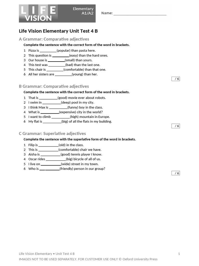 Life Vision Elementary Unit 4 Test | PDF | Finland | Adjective