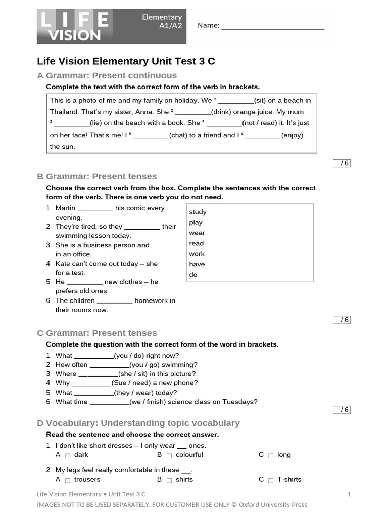 Life Vision Elementary Unit 3 Test | PDF