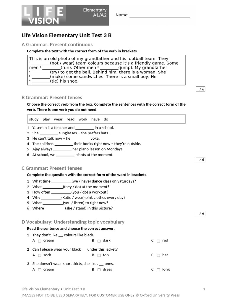 Life Vision Elementary Unit Test 3 B | PDF | Vocabulary