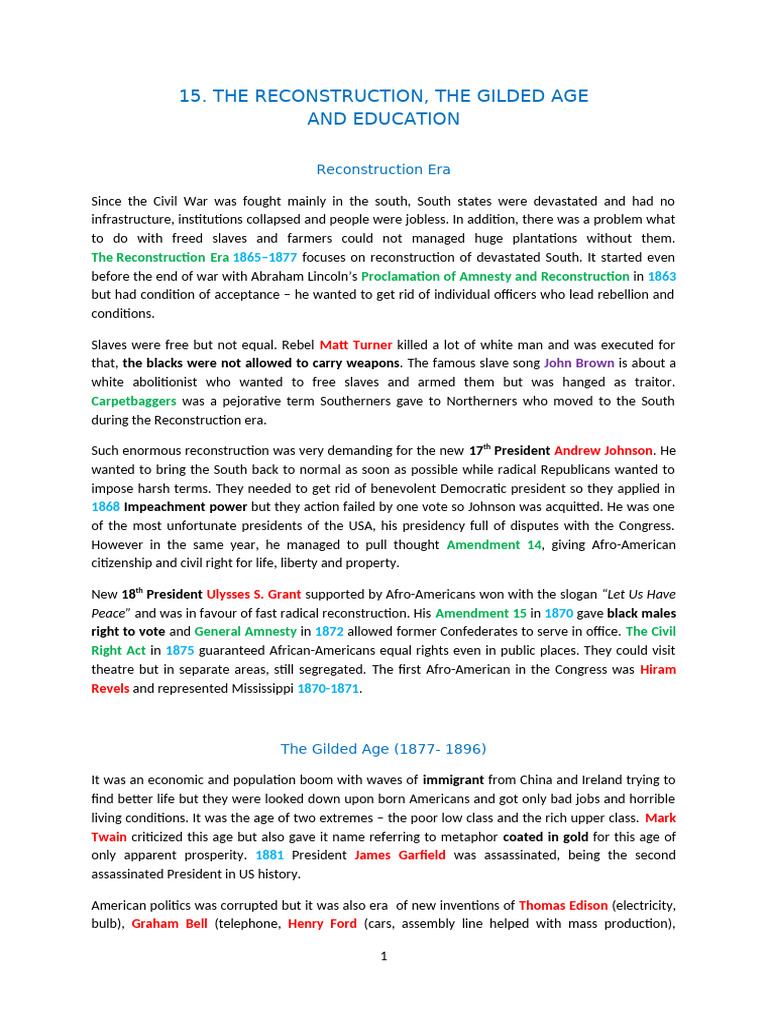 Reconstruction, Gilded Age and Education | PDF | Reconstruction Era ... Reconstruction, Gilded Age and Education | PDF | Reconstruction Era ...
