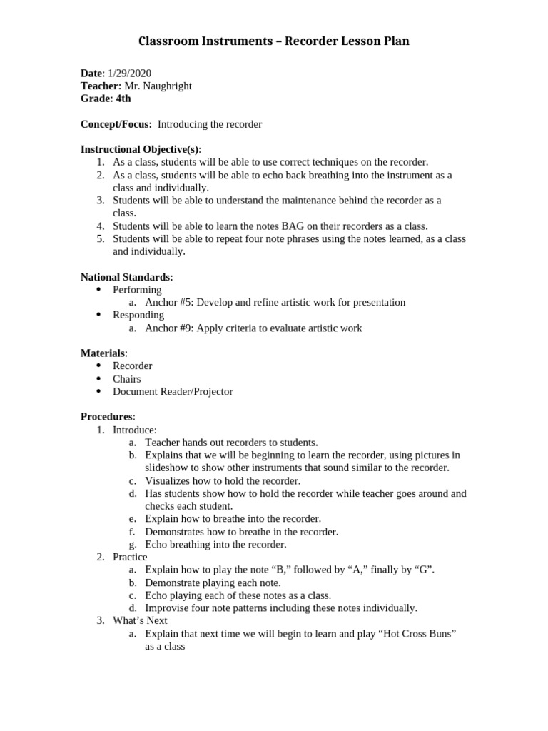 Recorder Lesson Plan | PDF