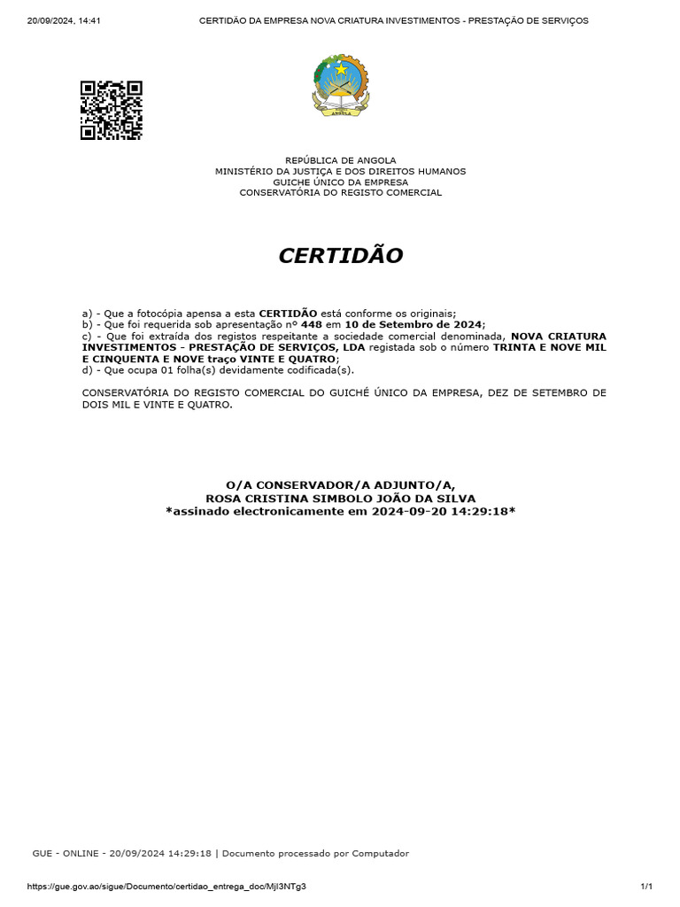 Certidão Comercial: Nova Criatura | PDF