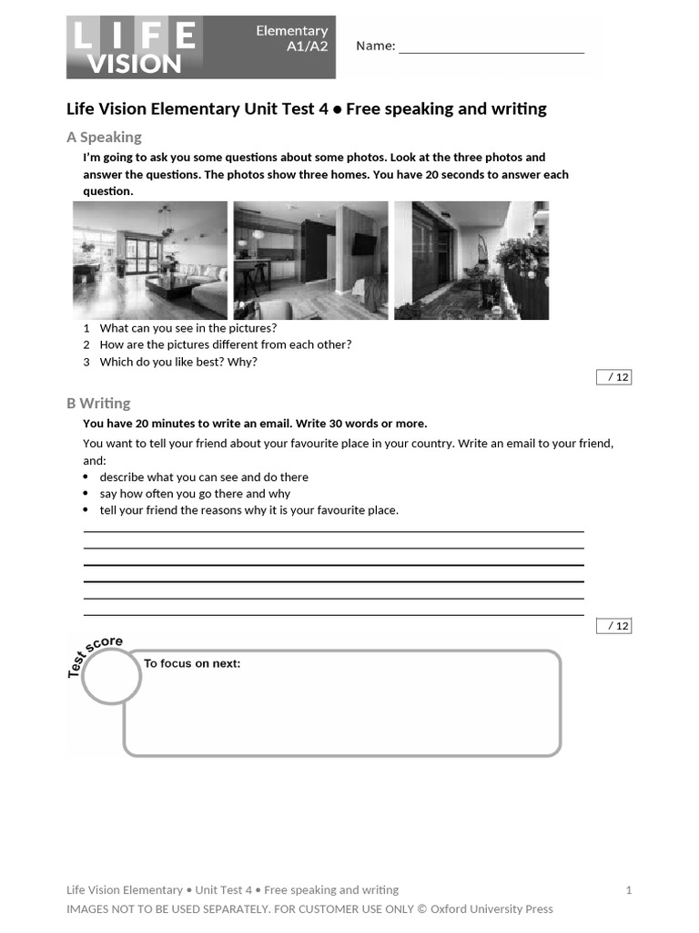Life Vision A1-A2 - Unit 4 - Original - Speaking and Writing | PDF