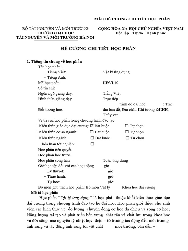 BM04 - Đề cương Vật lý ứng dụng KĐVL106 3TC | PDF