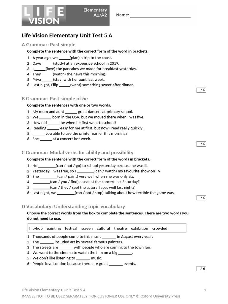 Life Vision Elementary Unit Test 5 A | PDF | Vocabulary