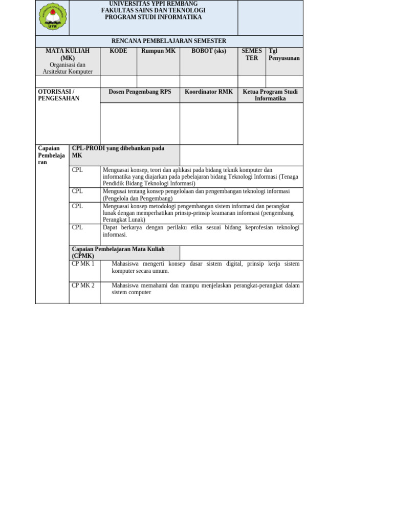 RPS Organisasi Dan Arsitektur Komputer New | PDF | Komputer