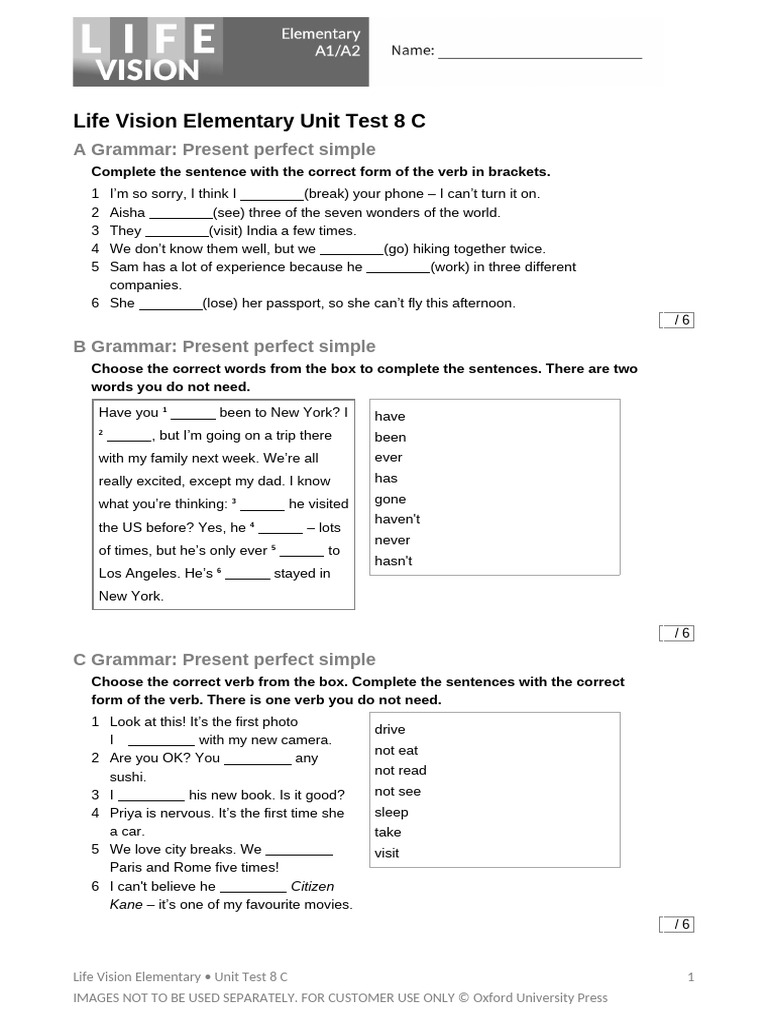 Life Vision Elementary Unit 8 Test | PDF