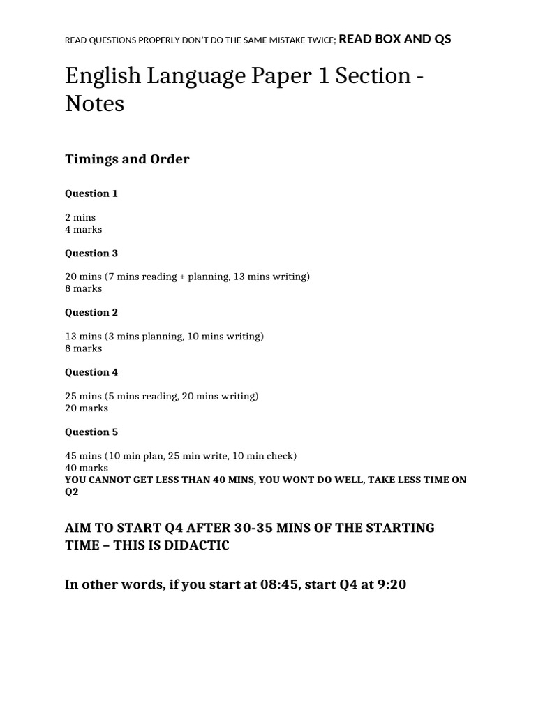 English Language Paper 1: Timing & Structure | PDF | Punctuation ...