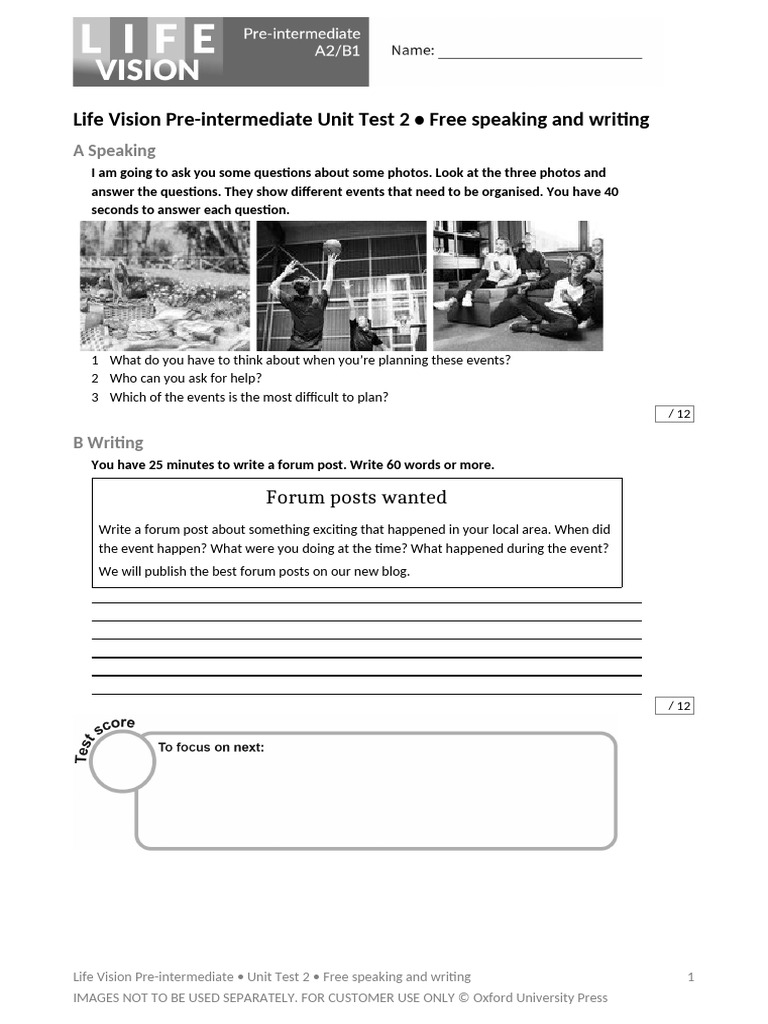 Life Vision A2-B1 - Unit 2 - Original - Speaking and Writing | PDF