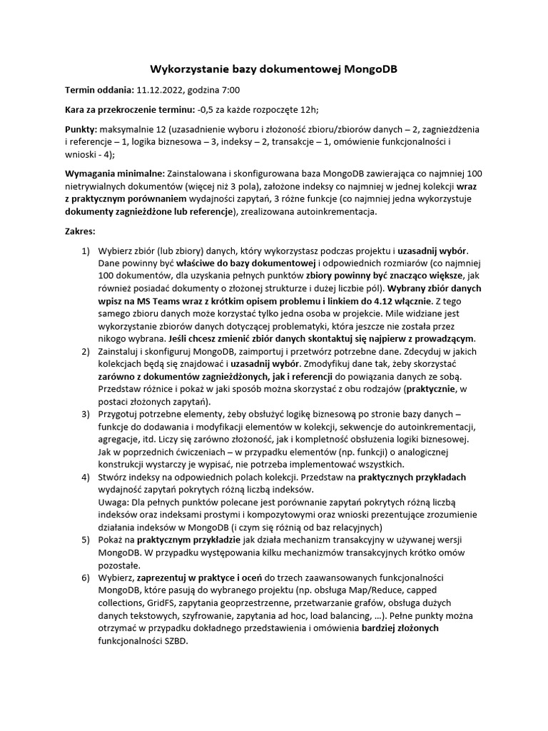 Bazy NoSQL - Projekty 3 I 4 (2023) | PDF