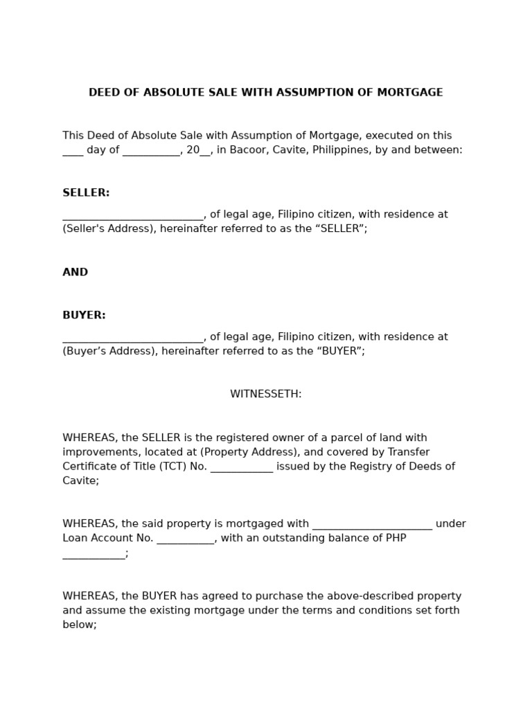 Deed of Absolute Sale With Assumption of Mortgage | PDF | Mortgages | Deed