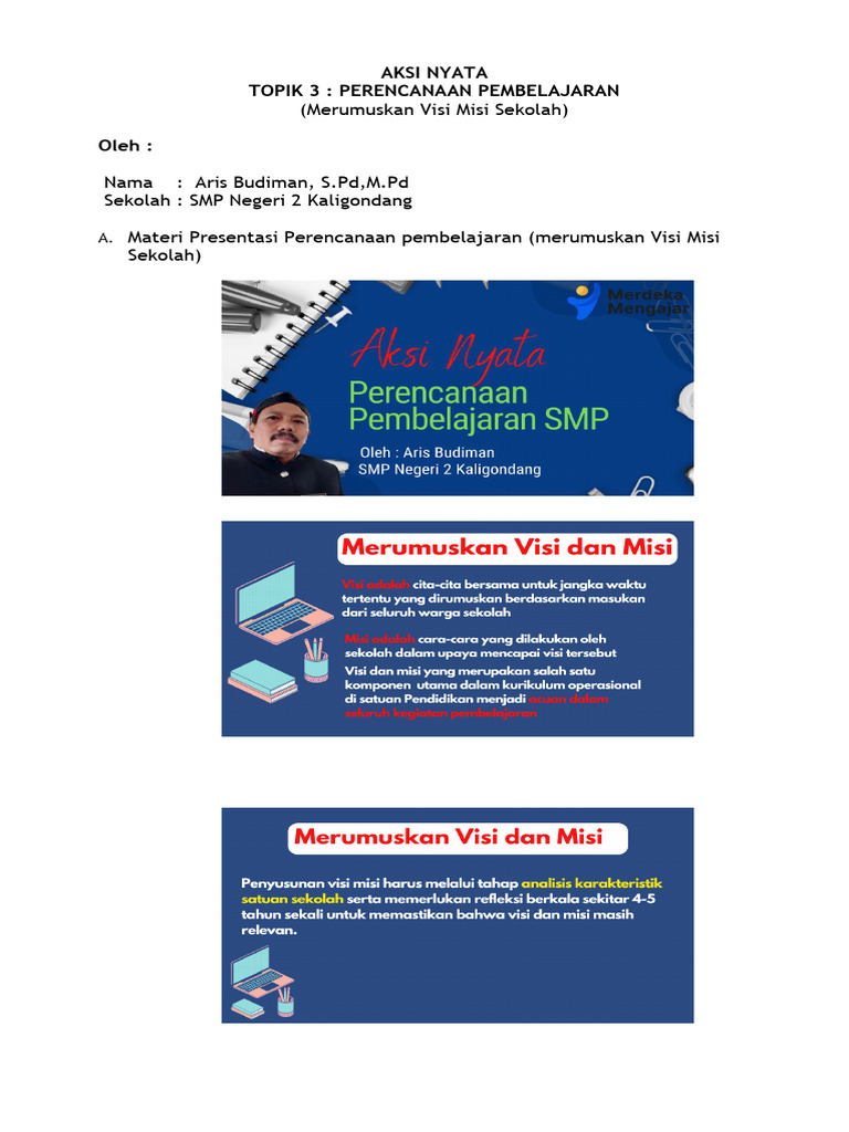 Aksi Nyata Topik 3 - Perencanaan Pembelajaran (Merumuskan Visi Misi) | PDF