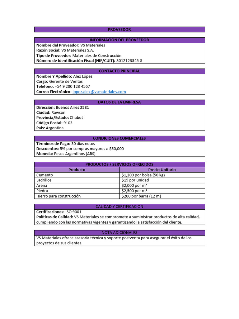 Ficha de Proveedores | PDF