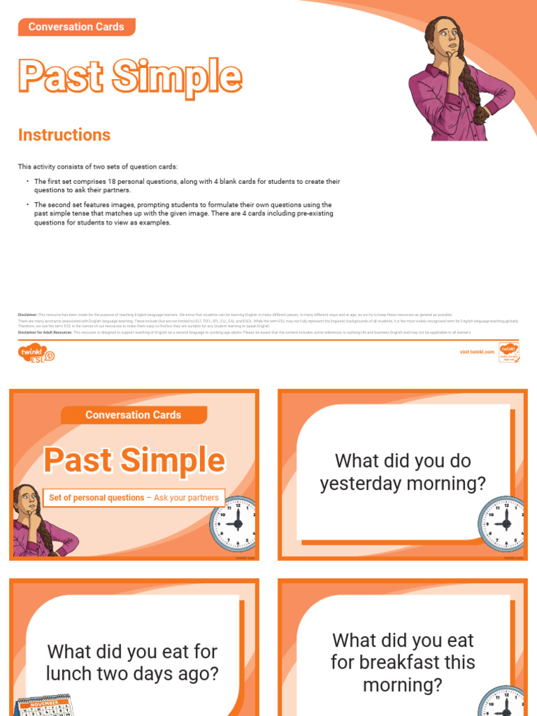 Past Simple Conversation Cards for Adults | PDF | English As A Second ...