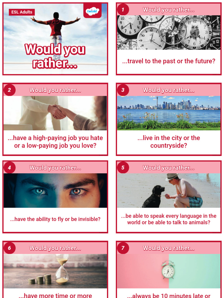 T e 1717690720 Esl Would You Rather Conversation Cards Adults A2 b2 - Ver - 1 | PDF | English As ...