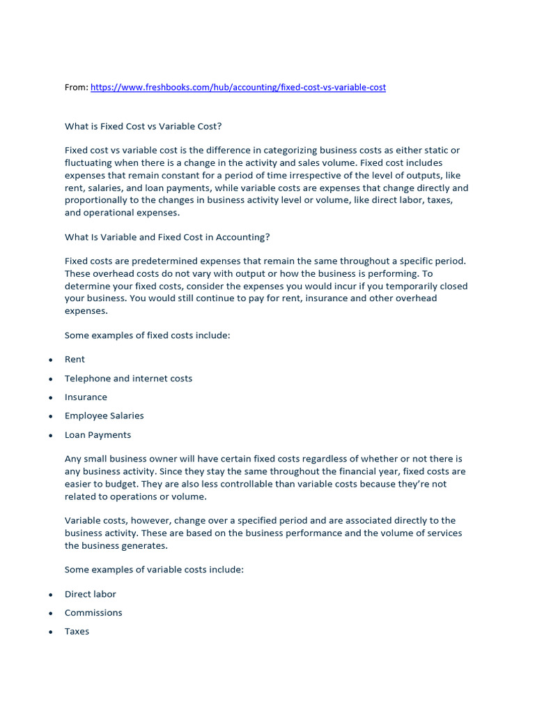 Fixed Variable Costs Pdf Expense Cost