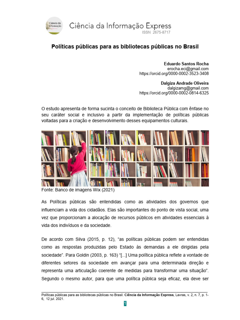 Políticas Públicas para As Bibliotecas Públicas No Brasil: ISSN 2675 ...