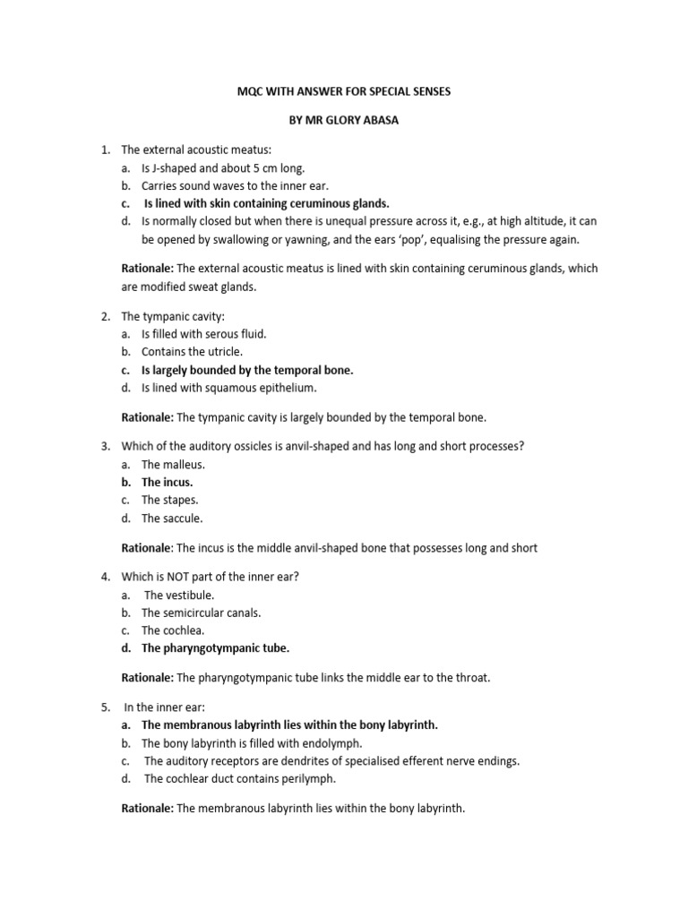 MCQ and Answer For Special Senses | PDF | Glaucoma | Ear