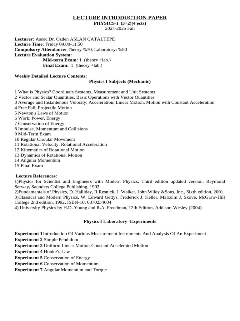 Physics I Introduction Paper 2024-2025 | PDF