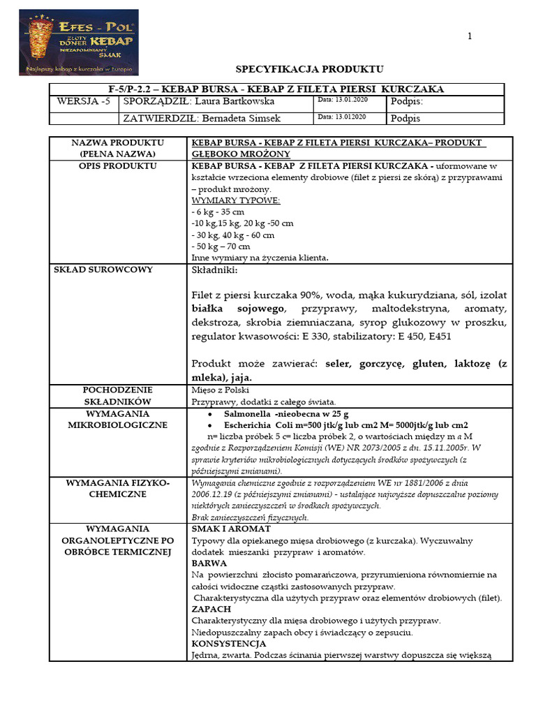 Specyfikacja Kebap Bursa | PDF