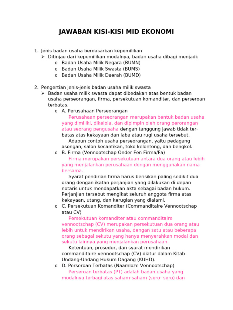 Jawaban Kisi-Kisi Mid Eko | PDF