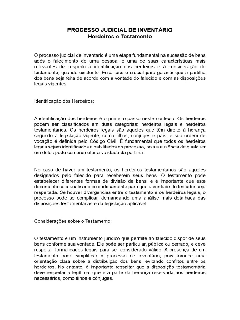 PROCESSO JUDICIAL DE INVENTÁRIO - Herdeiros e Testamento | PDF | Testamento