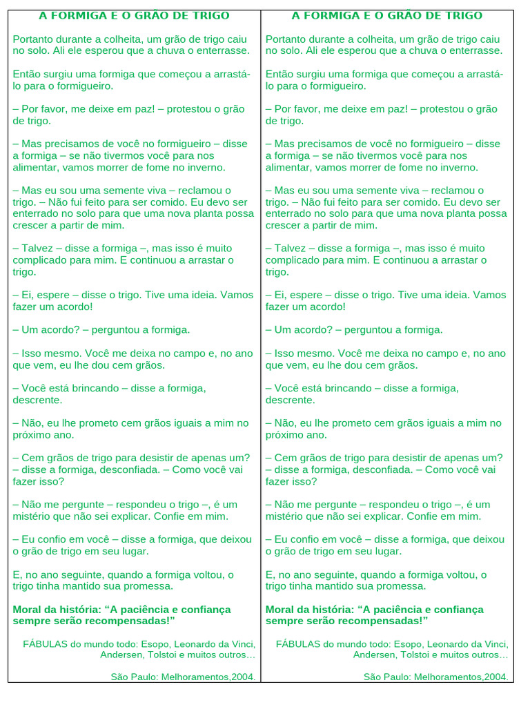 Fábula - A Formiga e o Grão de Trigo | PDF | Trigo | Formiga