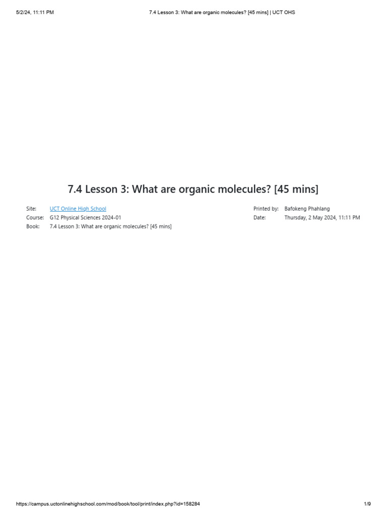 7.4 Lesson 3 - What Are Organic Molecules - (45 Mins) - UCT OHS | PDF ...