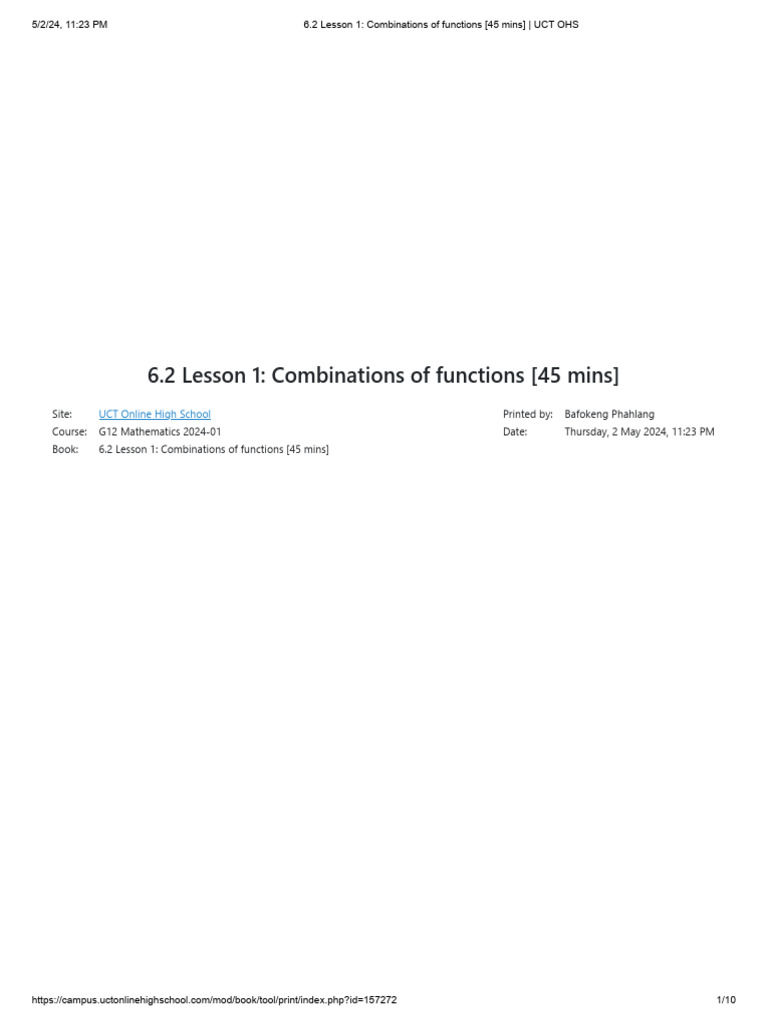 6.2 Lesson 1 - Combinations of Functions (45 Mins) - UCT OHS | PDF ...