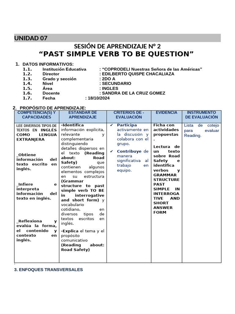 SESION DE APRENDIZAJE SEPTIMA UNIDAD SEGUNDO A PAST SIMPLE QUESTIONS | PDF | Aprendizaje | Cognición