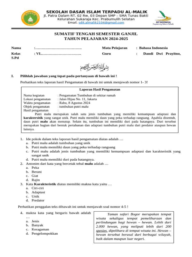 Soal B.indo Kelas 6 PTS Ganjil 2024-2025 | PDF