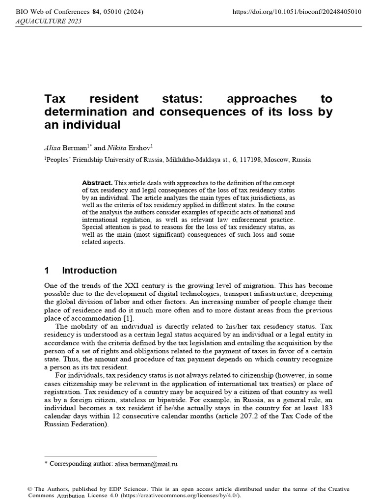 Tax Resident Status Approaches To Determination An | PDF | Domicile ...