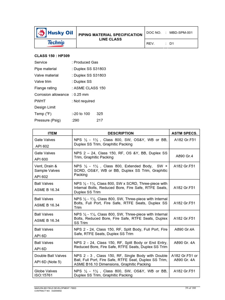 Piping Material Specification Line Class: Doc No.: MBD-SPM-001 | PDF ...