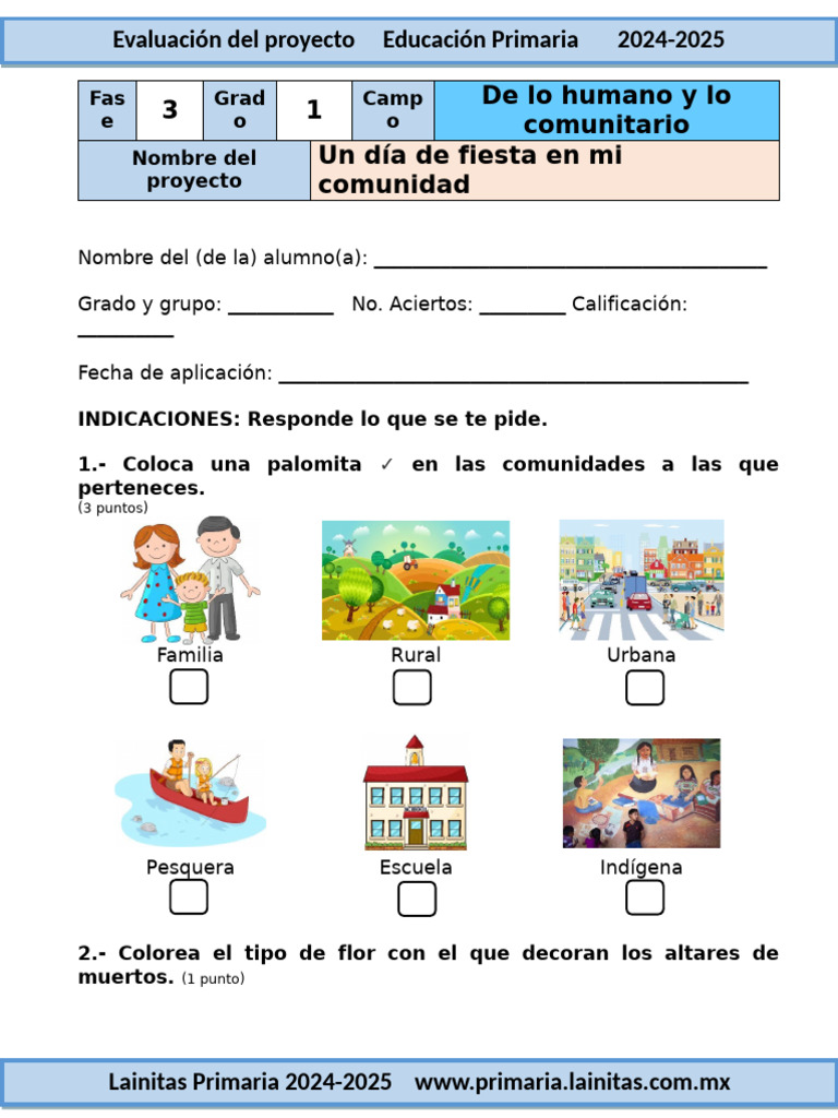1er Grado Octubre - Examen 08 Un día de fiesta en mi comunidad (2024 ...