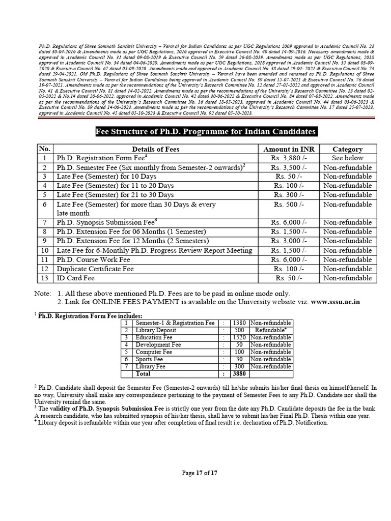 Fee Structure of Ph.D. Programme For Indian Candidates | PDF | Doctor ...