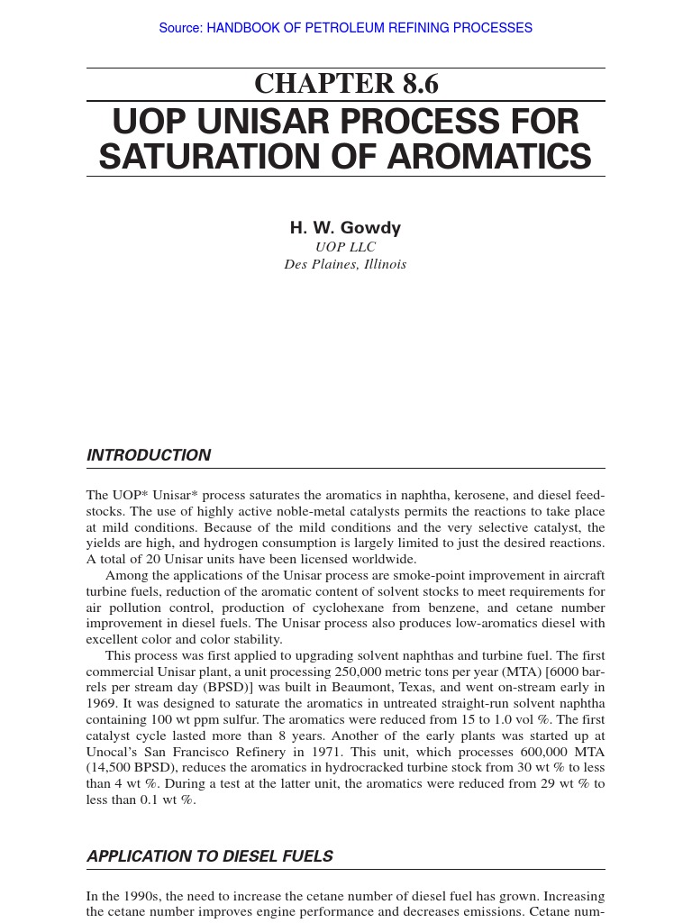 Uop Unisar Process For Saturation of Aromatics: H. W. Gowdy | PDF | Cracking (Chemistry ...
