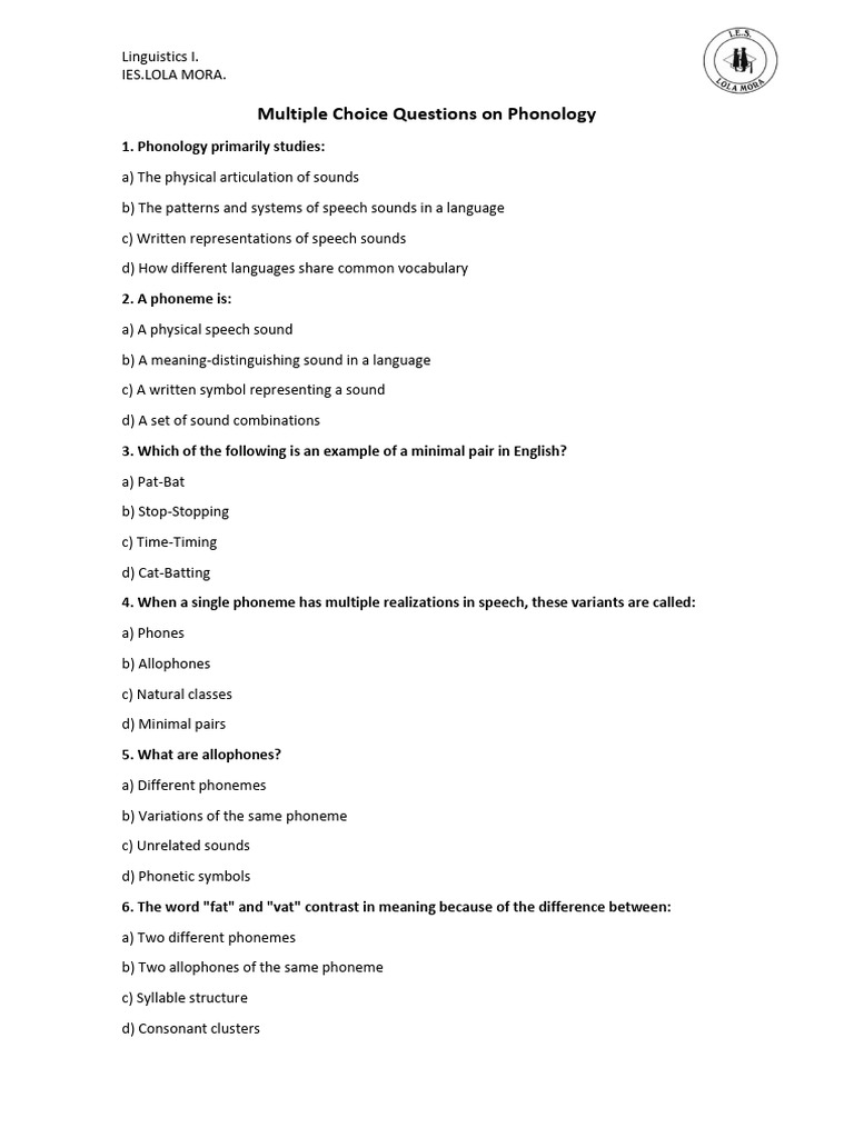 Multiple Choice Questions on Phonology+key | PDF | Syllable | Phoneme